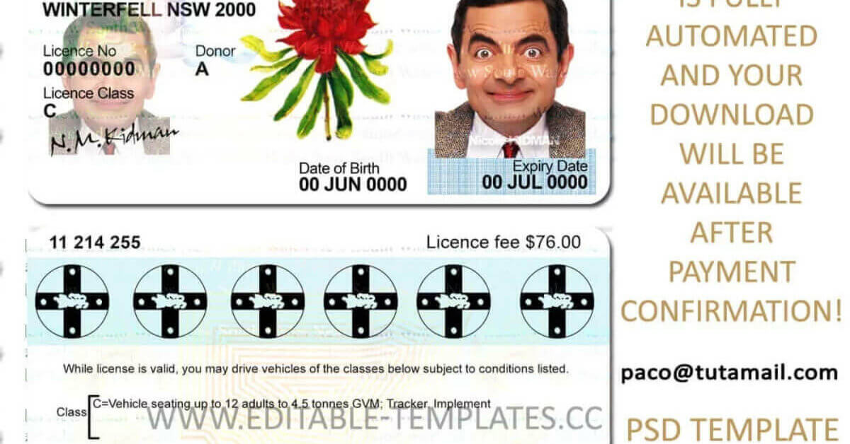 New South Wales, Australia Driving Licence Template