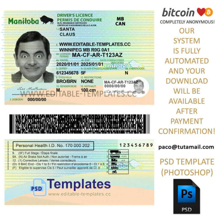 Manitoba Canadian Driver's License Template